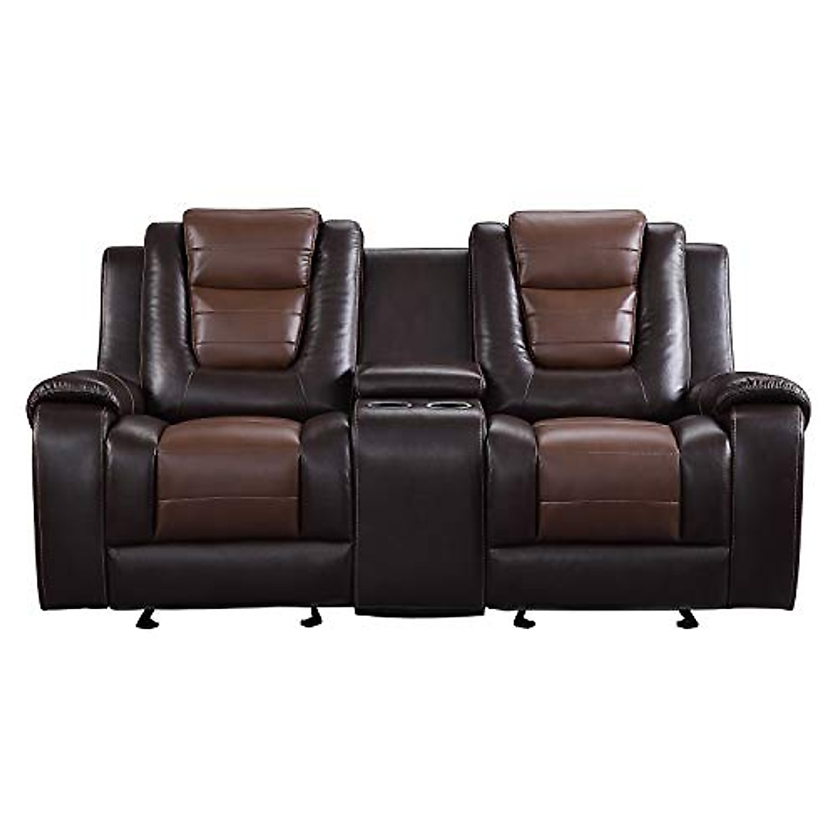 Lexicon Home Theater Seating, Manual Gliding Reclining Loveseat with Center Console, Cup Holders, 2-Seat Dual Loveseat Recliner for Living Room, Two-Tone Brown​
