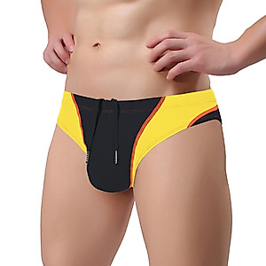 SUMABA Mens Swim Briefs with Drawstring Color Block Sexy Bikini Swimsuit Quick Dry Beach Swimwear Fashion Printed Black Yellow Swimming Suit Large Male Bathing Suit