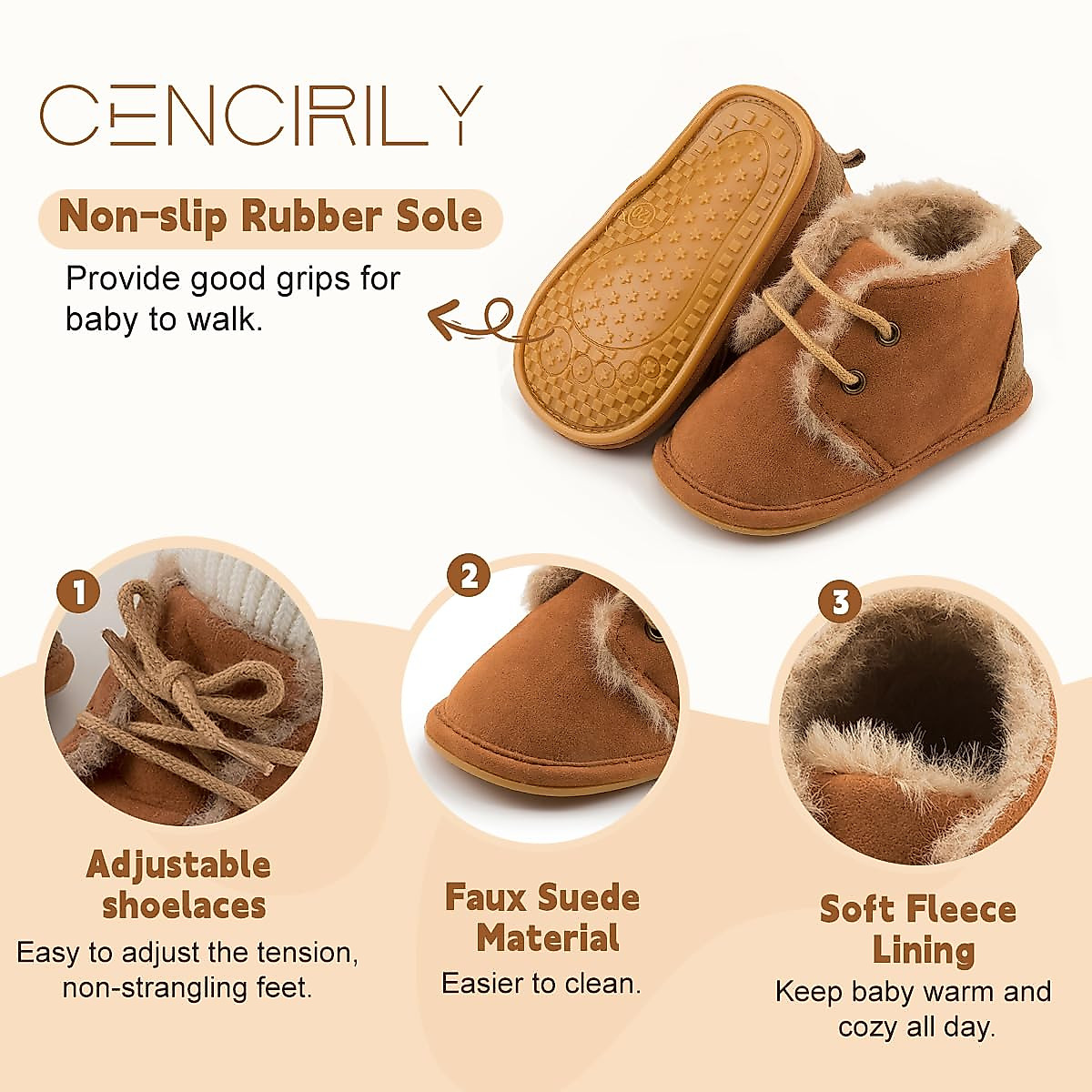 CENCIRILY Baby Booties Newborn Girl Boy shoes Infant Fleece Cozy Fur Lining Winter Warm Ankle Boots Rubber Sole Anti-Slip Prewalker Boots