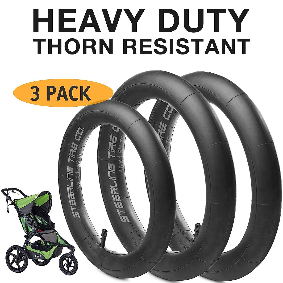 Two 16'' x 1.5/1.75 & One 12.5'' x 1.75/2.15 [3-Pack] Extra Thick Inner Tire Tube for BOB Revolution Strollers & Stroller Strides - Best BOB Stroller Tire Replacement Set by Steerling Tire Co.