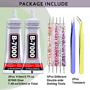 2pcs x 110ML B7000 Rhinestone Glue Clear, Upgrade B7000 Glue Multi-Function Adhesive Jewelry Glue for Jewelry Repair, Metal Stone Crafts, Fabric, Shoes, Wood Glass Bead with Dotting Pens and Tweezers