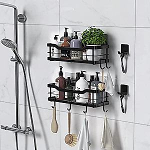 Carwiner Shower Caddy Bathroom Shelf 2-Pack, Basket with 8 Hooks for Hanging Shampoo Conditioner, Stainless Steel Rack Wall Mounted Storage Organizer for Kitchen, No Drilling (Black)