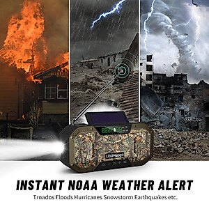 Emergency Radio Waterproof Bluetooth Speaker,Portable Digital AM FM Radio with Flashlight,Reading Lamp,Hand Crank NOAA Weather Radio with Solar Panel,5000mAH Cell Phone Charger,Bicycle Mount