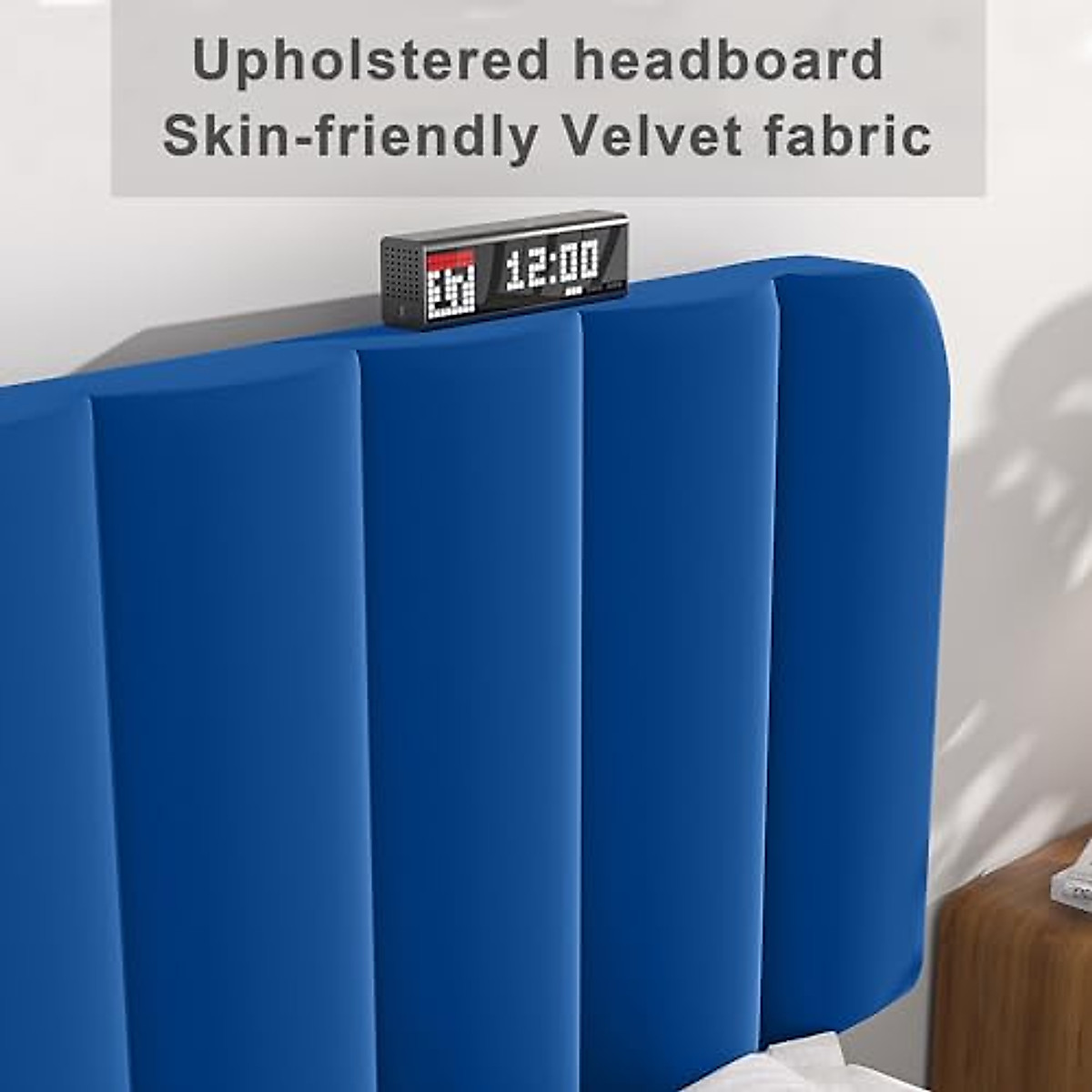 VECELO Twin Size Upholstered Bed Frame with Adjustable Headboard, Velvet Platform Bedframe Mattress Foundation, Strong Wood Slat Support, No Box Spring Needed, Dark Blue