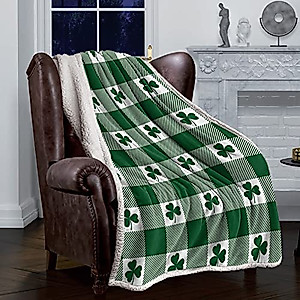 Sherpa Throw Blanket St. Patrick's Day Irish Green Shamrock Clover Super Soft Cozy Warm Luxury Microfiber Blankets Flannel Fleece Plush Quilt Bedspread for Bed Couch Sofa Buffalo Lattice