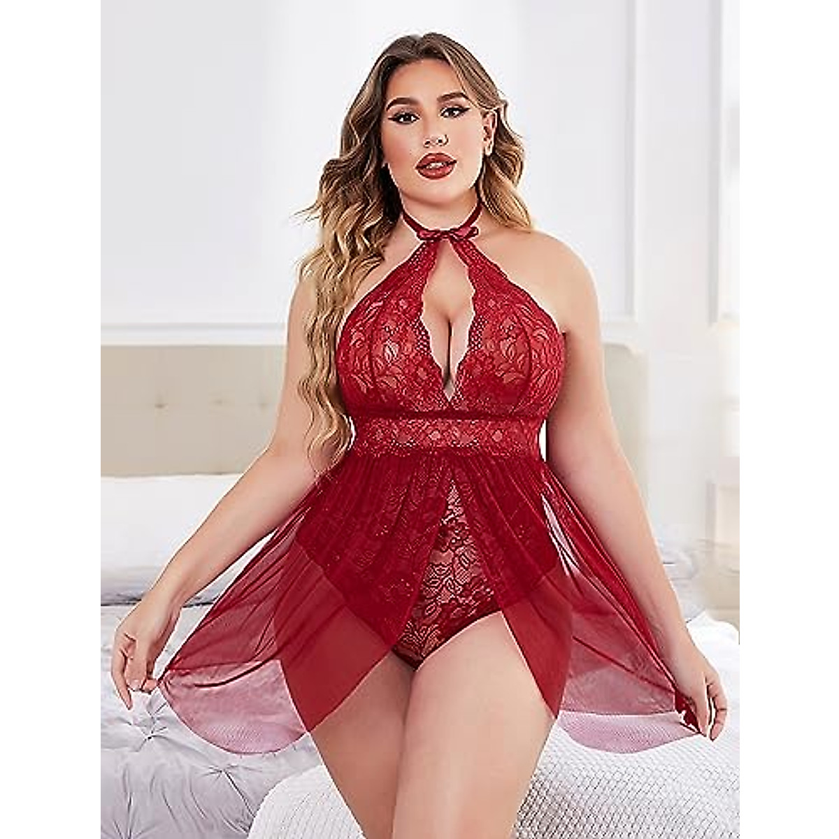 Avidlove Plus Size Lingerie for Valentines Women Lace Babydoll Chemise Nightgown Mesh Nightwear Side Slit Nightie L~4XL (Wine Red, XXX-Large)