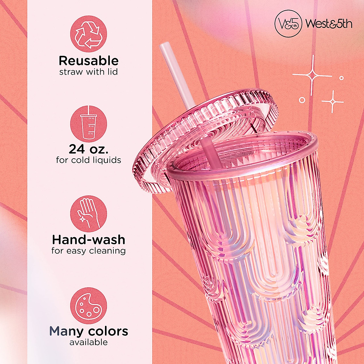 WEST & FIFTH Mermaid Scale Tumbler with Lid & Straw- Fashion, Trendy, Holographic & Iridescent Water Bottle- BPA Free Plastic Cold Cup- 24 Ounces (Peach, Holographic)