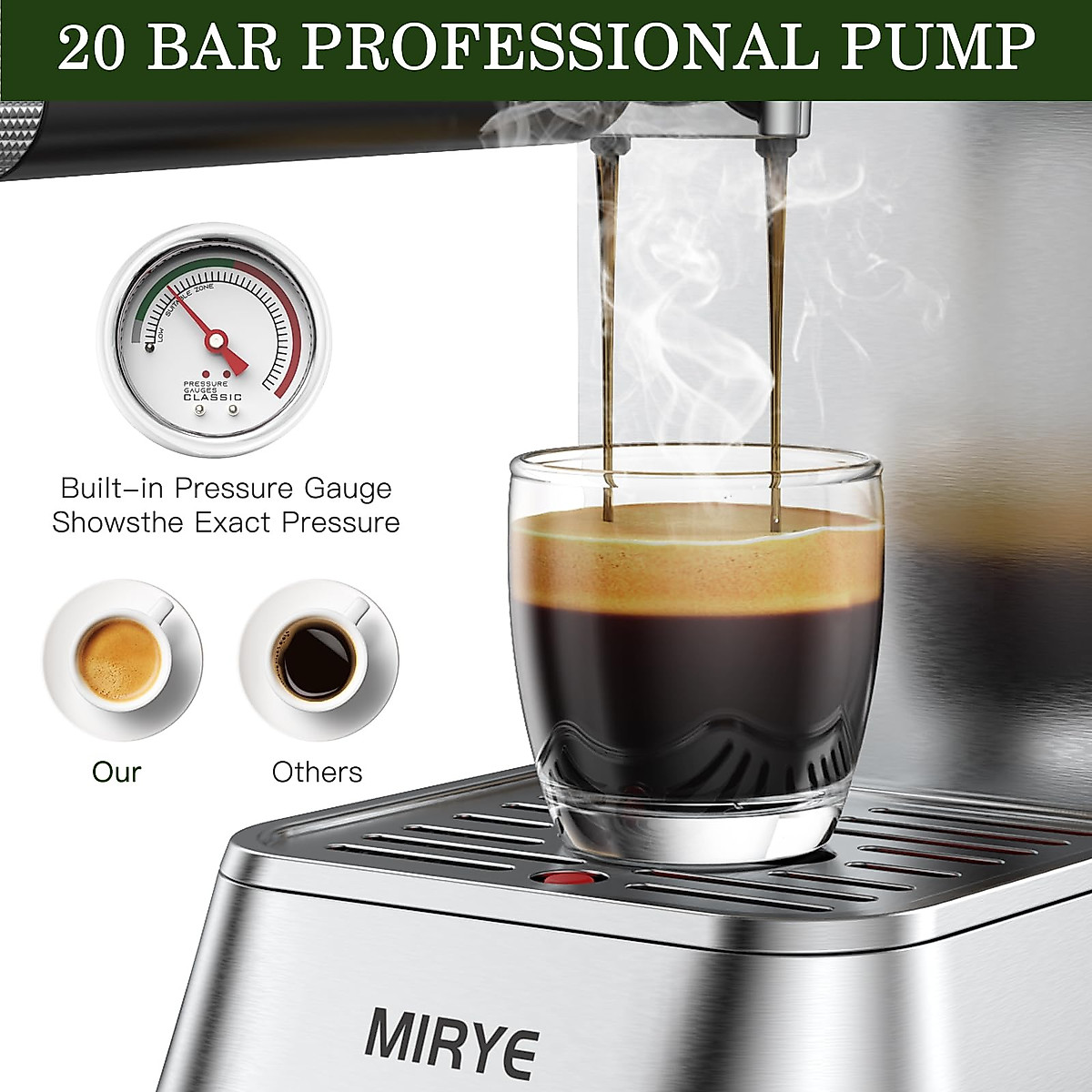 MR MIRYE Espresso Machine, 20 Bar Stainless Steel Espresso Maker Silver Coffee Machine for Home or Office With Removable Water Tank, Measuring Spoon, Brewing Filter, Milk Cup, Milk Frother Steam Wand