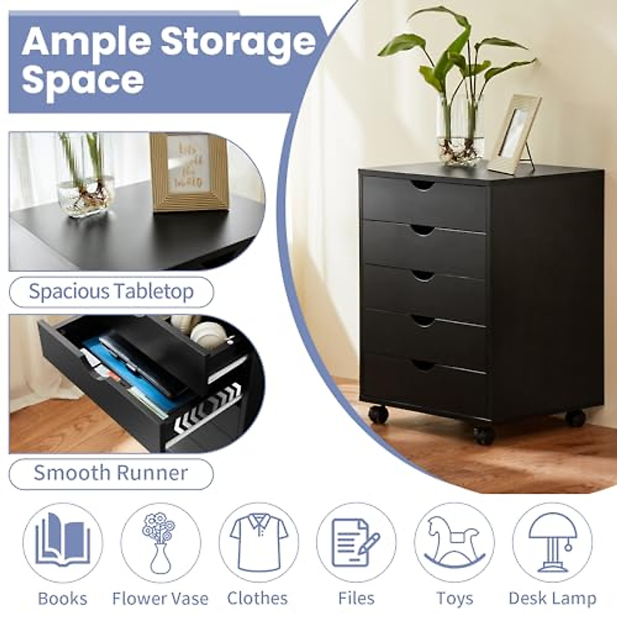 NEWBULIG 5 Drawer Storage Organizer, Wood File Cabinets with Wheels, Large Printer Stand for Home Office Study Dressing Room