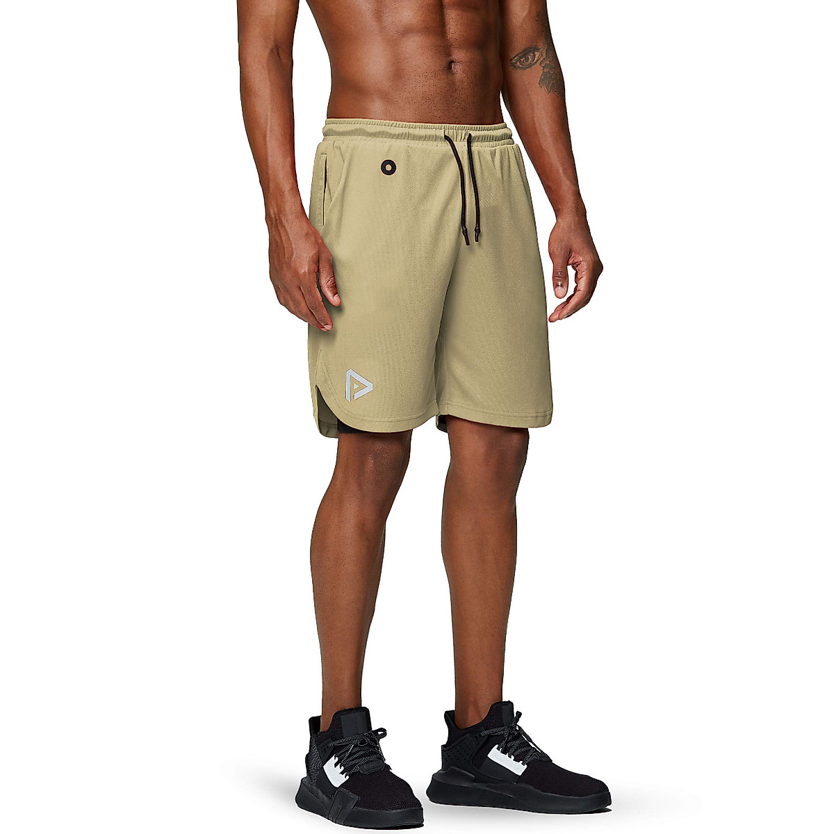 Pinkbomb Men's 2 in 1 Running Shorts Gym Workout Quick Dry Mens Shorts with Phone Pocket (Khaki, Medium