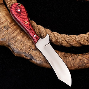 Wolf Craft Handmade 1095 High Crabon Steel Steel Bull Cutter Knife, Fixed Blade Cowboy Knife, Hand Made Hunting Knives EDC bull Cutter CamPing knife Gifts For Men - Red Wood Handle With Leather Sheath (Red wood)