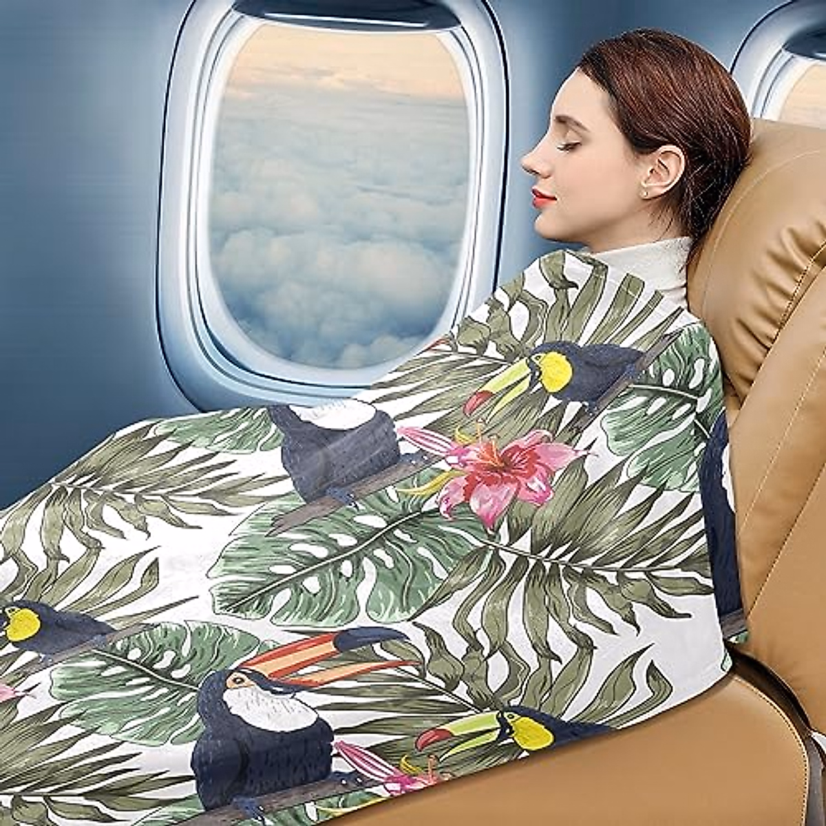 Joko Ivery Tropical Palm Leaves Birds Premium Soft Travel Blanket Pillow Airplane Blanket with Hand Luggage Belt & Backpack Clip Airplane Essentials 2 in 1 for Airplane Train Bus Car