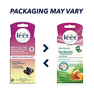 Veet Hair Removal Wax Strips- Botanic Inspirations Easy- Gelwax Technology, Sensitive Formula Hair Remover Wax Strip Kit with Argan Oil, 20 wax strips with 4 wipes (Pack of 3)