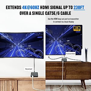 J-Tech Digital HDMI Extender 4K 60Hz Over Cat5e/6 Ethernet Cable Up to 230ft. Supports 4K Downscale HDMI Loop Out PoC HDR Bi-Directional IR [JTECH-EX230V2]