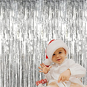 GOER 3.2 ft x 9.8 ft Metallic Tinsel Foil Fringe Curtains Party Photo Backdrop Party Streamers for Birthday,Graduation,New Year Eve Decorations Wedding Decor (Silver,1 Pack)