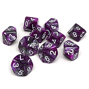 Ten Count Pack of D10 Dice - Matching Collection of 10 Sided Plastic Polyhedral Dice (Purple and Grey Granite)