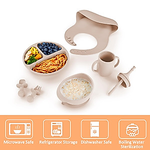 Baby Led Weaning Supplies, 11-Piece Silicone Baby Feeding Set Baby Plates and Utensils Set Infant Feeding Set Suction Plates and Suction Bowls For 6+ Months Toddler (Beige)