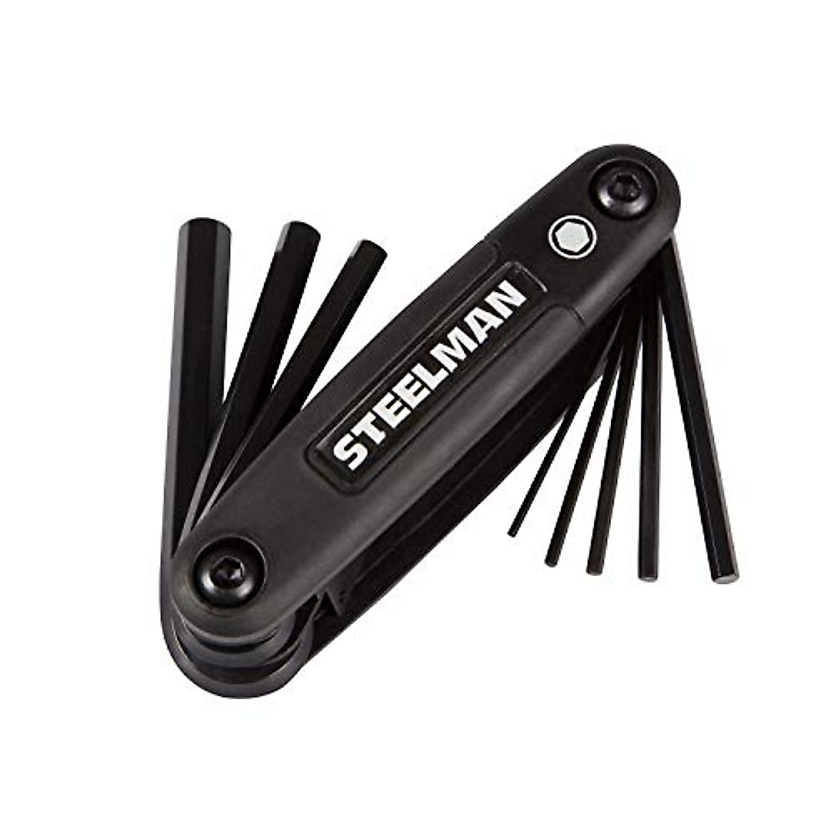 Steelman Portable Folding Hex Key Wrench Metric Multi-Tool, Set Includes 1.5, 2, 2.5, 3, 4, 5, 6, and 8mm Sizes, Chamfered Ends, Steel, Corrosion-Resistant Black Oxide Coating