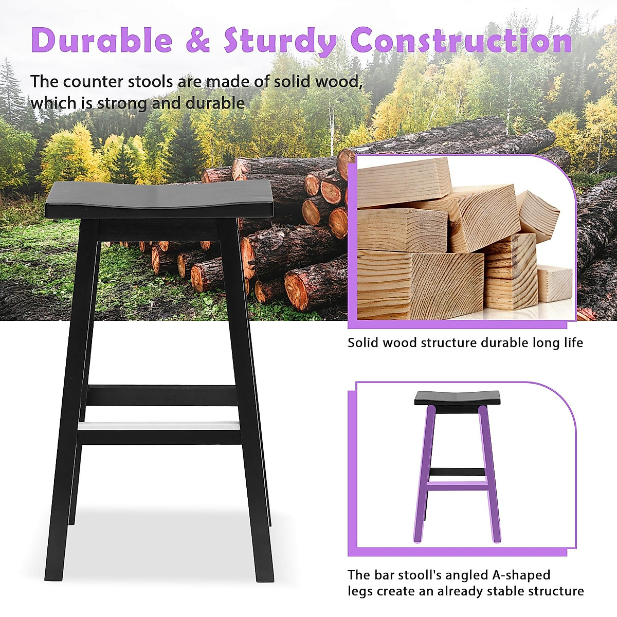Bar Stools Set of 2, 30 Inch Counter Height Bar Stools with Footrest, Solid Wooden Frame Bar Stools for Kitchen Counter, Backless Farmhouse Bar Stool Counter Stool, Breakfast Barstool Set of 2