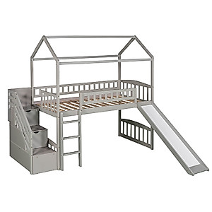 Twin Loft Bed with Stairs and Slide, Wooden House Loft Bed Twin Size with Step Storage Drawers Stairway Playhouse Bed for Kids, Toddlers, Girls & Boys, No Box Spring Needed (Twin, Gray)