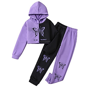 SOLY HUX Girl's 2 Piece Outfits Color Block Butterfly Print Long Sleeve Hoodies Sweatshirt Tops and Sweatpants Set Black and Purple 11-12Y