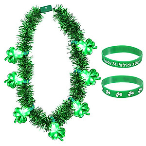 Jeairts Led St.Patrick's Day Necklace Glowing Shamrocks Necklaces with Irish Green Bracelet Lucky Clover Pendant Necklace Irish Party Costume Accessories