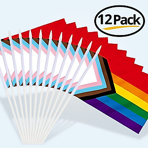 Anley Progress Rainbow Pride Mini Flag 12 Pack - Hand Held Small Miniature Rainbow Transgender Flags on Stick - Fade Resistant & Vivid Colors - 5x8 Inch with Solid Pole & Spear Top