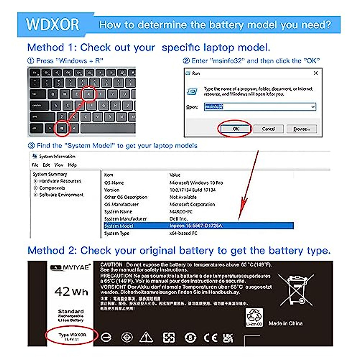 MYIYAE 42Wh WDX0R Replacement Laptop Battery for Dell Inspiron 15 5568 5567 5570 7579, 11.4V WDXOR Standard Rechargeable Li-ion Battery for Dell Inspiron 13 7378 Latitude 3180 3380 3590 Vostro 5581