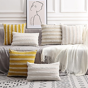 Pallene Boho Decorative Throw Pillow Covers, Neutral Striped Pillow Covers 18X18 Set of 2, Beige Cotton Linen Pillow Covers for Couch Sofa Living Room.