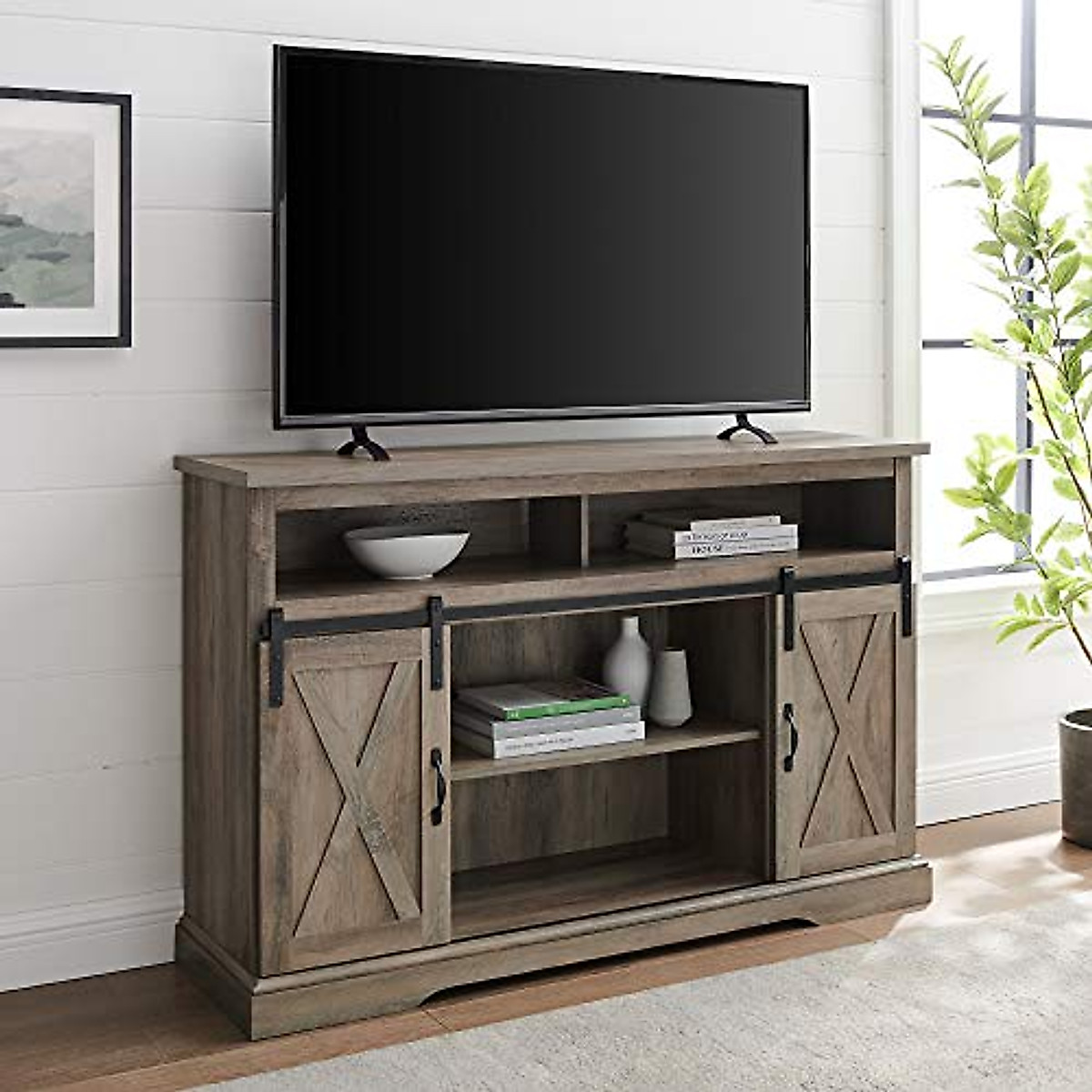 Walker Edison Clayton Farmhouse Sliding Double Barn Door TV Stand for TVs up to 58 Inches, 52 Inch, Grey Wash