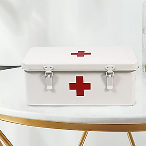 Xbopetda First Aid Medicine Box, First Aid Kit Supplies Bin, Metal Medicine Storage Tin, First Aid Empty Box with Safety Lock for Home Emergency Tool Set-White