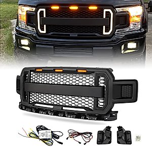 Modifying Raptor Style Grille Mesh Grill, Compatible with Ford F150 F-150 2018 2019 2020, With DRL & Turn Signal Lights - Matte Black