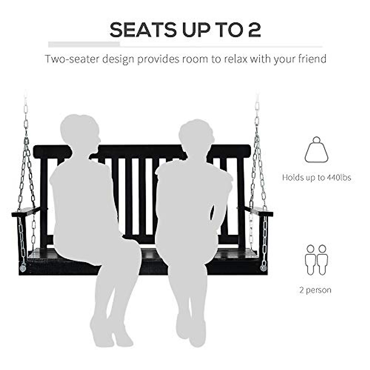 Outsunny 2-Seater Hanging Porch Swing Patio Swing Outdoor Swing Bench with Chains for Garden, Yard, Deck & Balcony, 440lbs Weight Capacity, Black