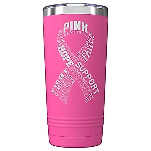 shop4ever Breast Cancer Awareness Ribbon Word Montage Insulated Tumblers 20 oz. with Lid, Stainless Steel Cups Travel Coffee Mug (Pink)