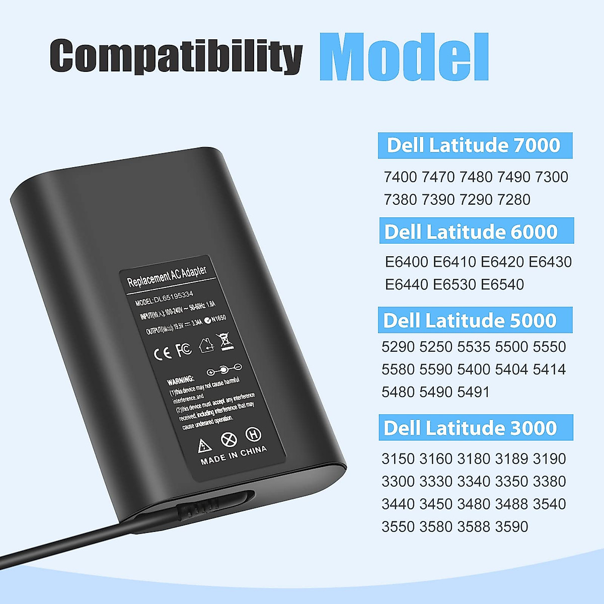 65W LA65NS2-01 Laptop Charger AC Adapter for Dell Latitude 5400 5500 5480 5490 5580 5590 7400 7480 7490 7390 7290 7280 3440 E5400 E5420 E5450 E5470 E5480 E5570 E6420 E6430 E6540 E7470 E7480 LA65NM130
