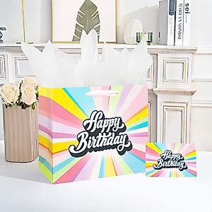 13" Large Happy Birthday Gift Bag with Handles, Tissue Paper and Card (Colorful Rainbow)
