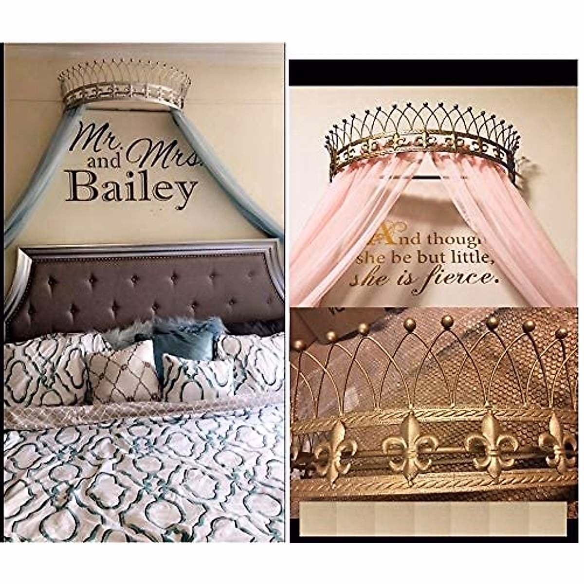 Octorose Metal Wall Teester Bed Crown Canopy - Antique Style Crown Wall Decor with Built-in Rods & Hardware - for Over Beds or Windows - Drapery Panels Not Included - Gold (31.5x14x9.5 Inches)