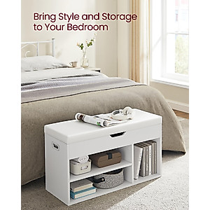 VASAGLE Storage Bench with Cushion, Shoe Bench with Padded Seat, 3 Compartments, Hidden Storage, Shelves, Hallway Bedroom, Load Capacity 330 lb, 11.8 x 31.5 x 17.3 Inches, Cloud White