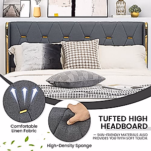 Giantex Upholstered Bed Frame with 4 Drawers, Queen Size Linen Bed Frame, Heavy-Duty Noise-Free Bed Frame, Easy Assembly, No Box Spring, Grey