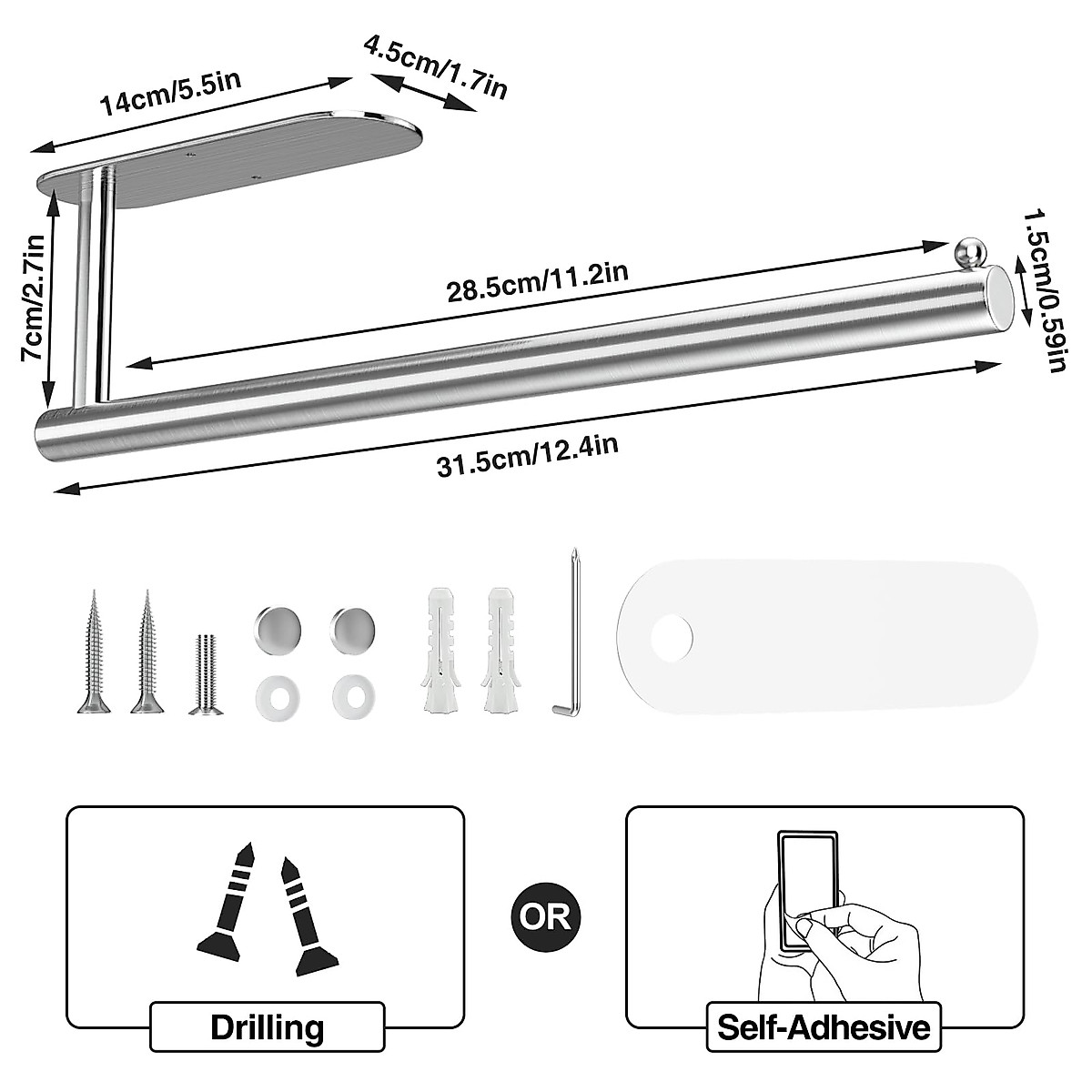 Paper Towel Holder - Self-Adhesive or Drilling Paper Towel Hanging Under Cabinet Wall Mount for Kitchen, Bathroom, Pantry, Sink Storage and Organization, Stainless Steel Black Paper Towel Holder