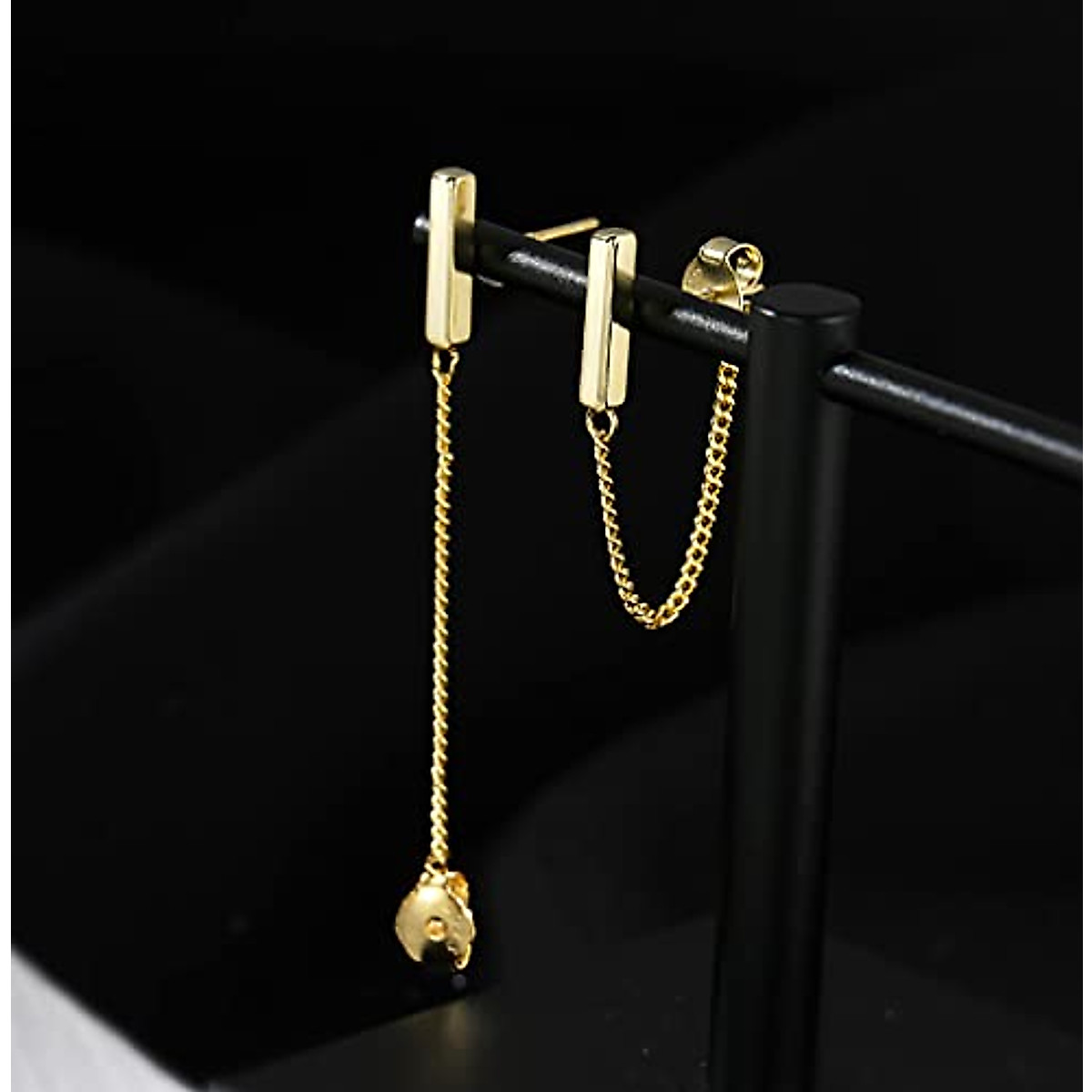 Reffeer Solid 925 Sterling Silver Bar Chain Dangle Earrings Drops for Women Teen Girls Bar Drop Earrings Chain Studs (A-Gold)