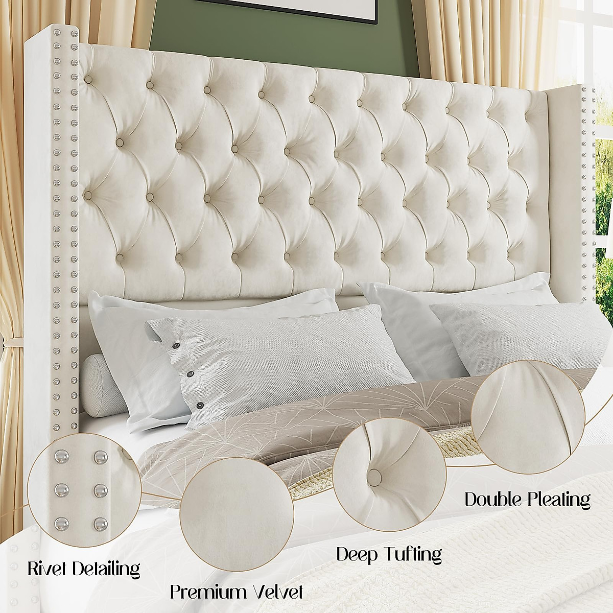 Jocisland Queen Size Bed Frame Velvet Upholstered Platform Bed with 51.6" Tall Wingback Headboard Deep Button Tufted, No Box Spring Needed, Cream