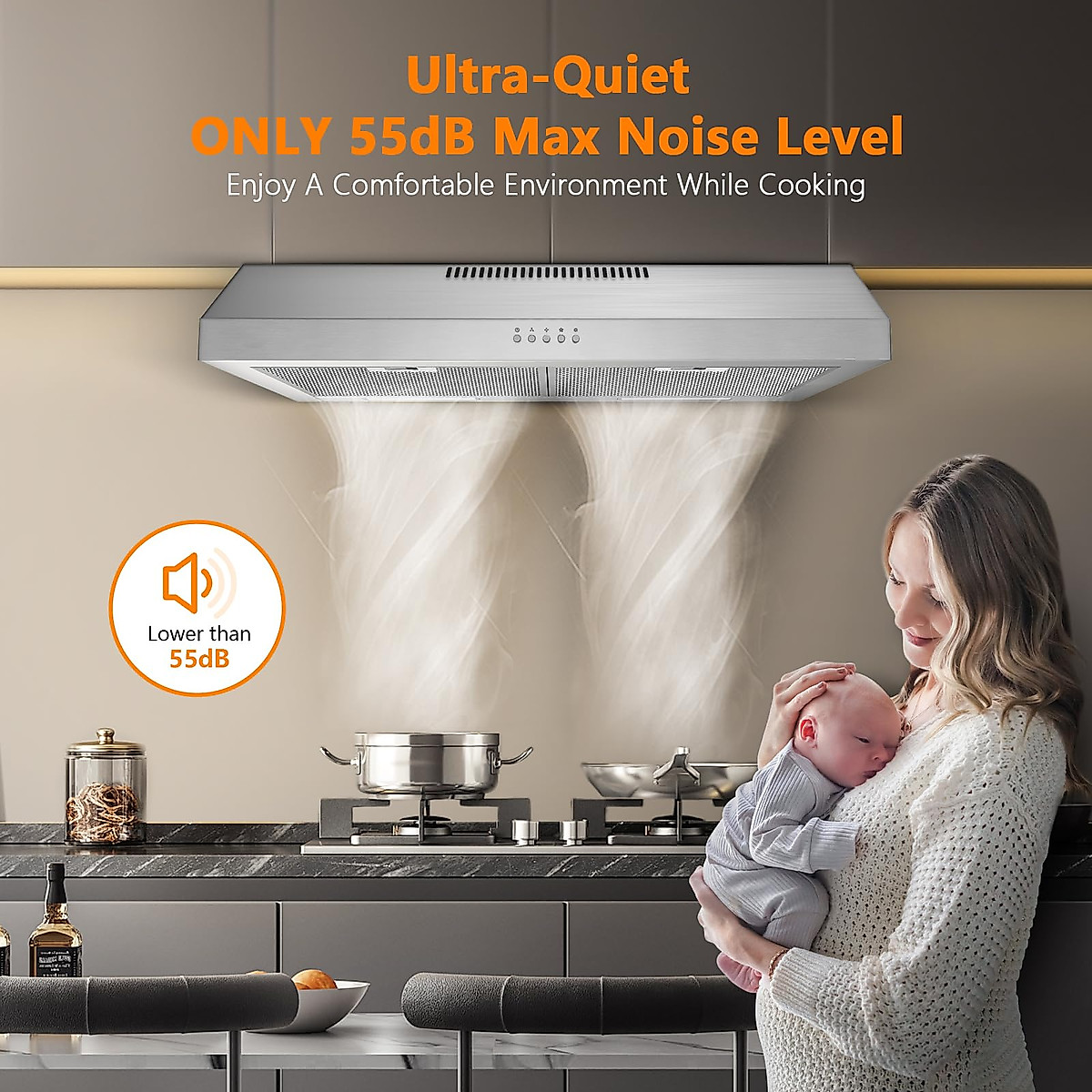 Upgraded 600 CFM Range Hood 30 inch, Under Cabinet Range Hood for Duct/Ductless Convertible, Stainless Steel Kitchen Stove Vent with 3 Speed Kitchen Exhaust Fan and Two Bright Energy-Saving LED