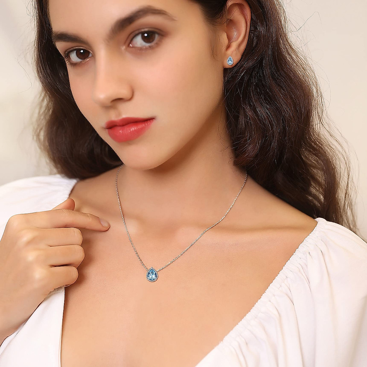 Bestyle 925 Sterling Silver Love Teardrop Cubic Zirconia Necklaces March Aquamarine Birthstone Crystal Pendant for Women, Hypoallergenic Necklaces for Sensitive Skin