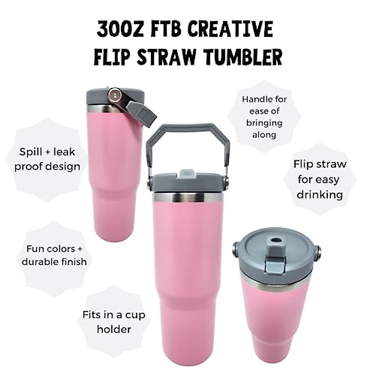 FTB Creative 30oz Flip Straw Insulated Tumbler, Double Wall Stainless Steel, Leak Proof Cup (Pink)