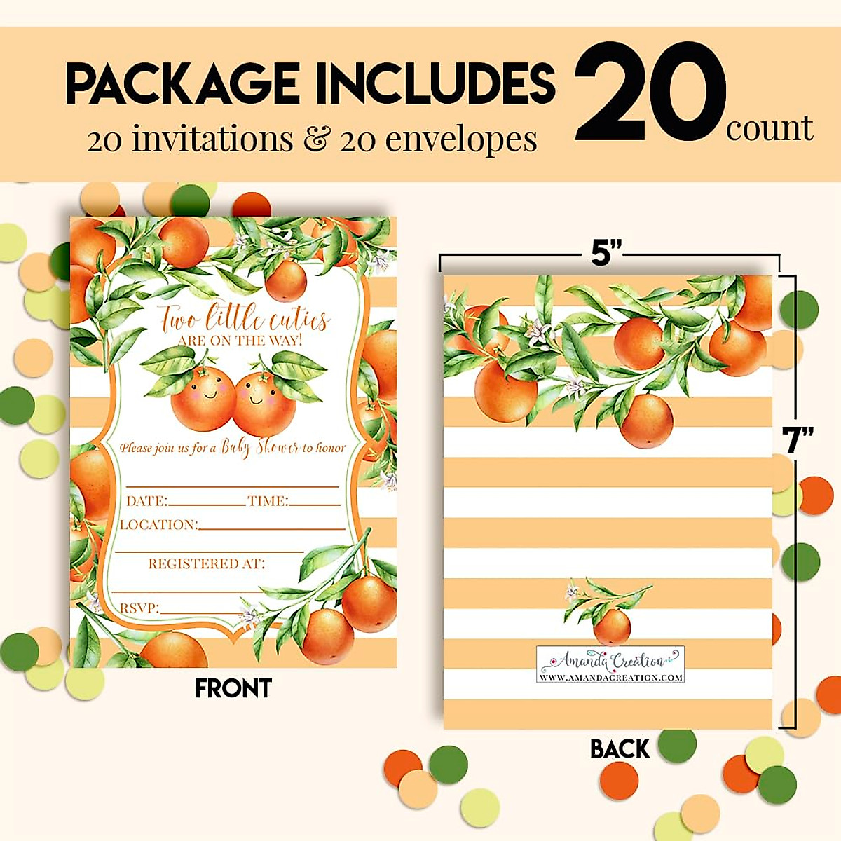 Amanda Creation Two Little Cuties Twin Baby Shower Invitations, 20 5x7 Fill-In Cards with Twenty White Envelopes