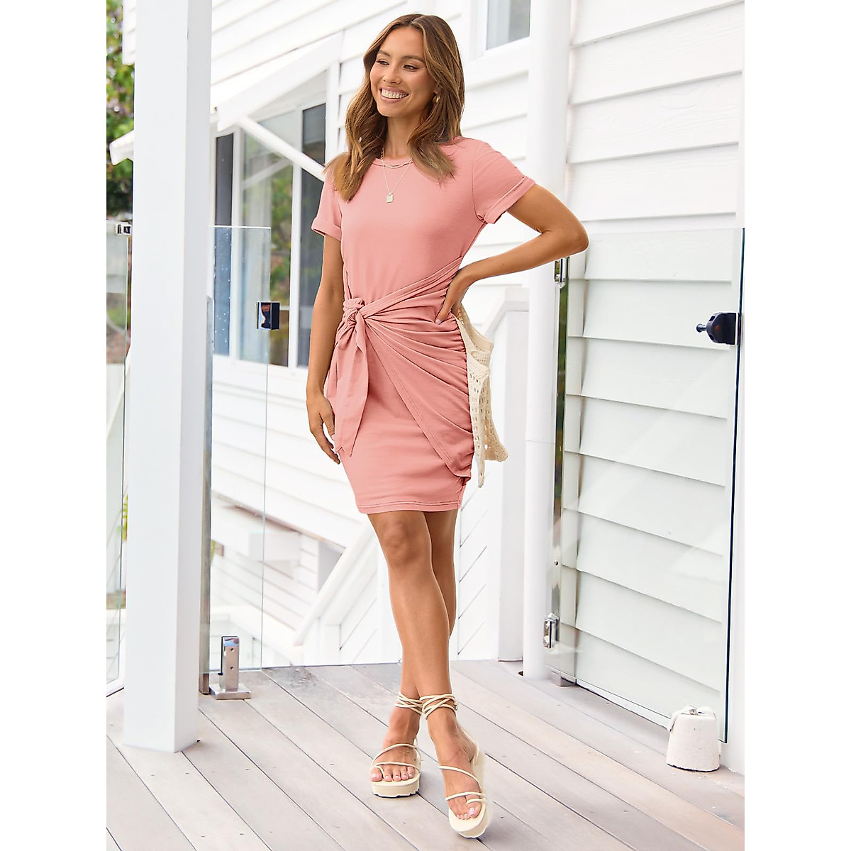 LILLUSORY Womens Casual Short Sleeve T Shirt Dress 2025 Summer Bodycon Wrap Ruched Mini Night Out Sundress Pink M