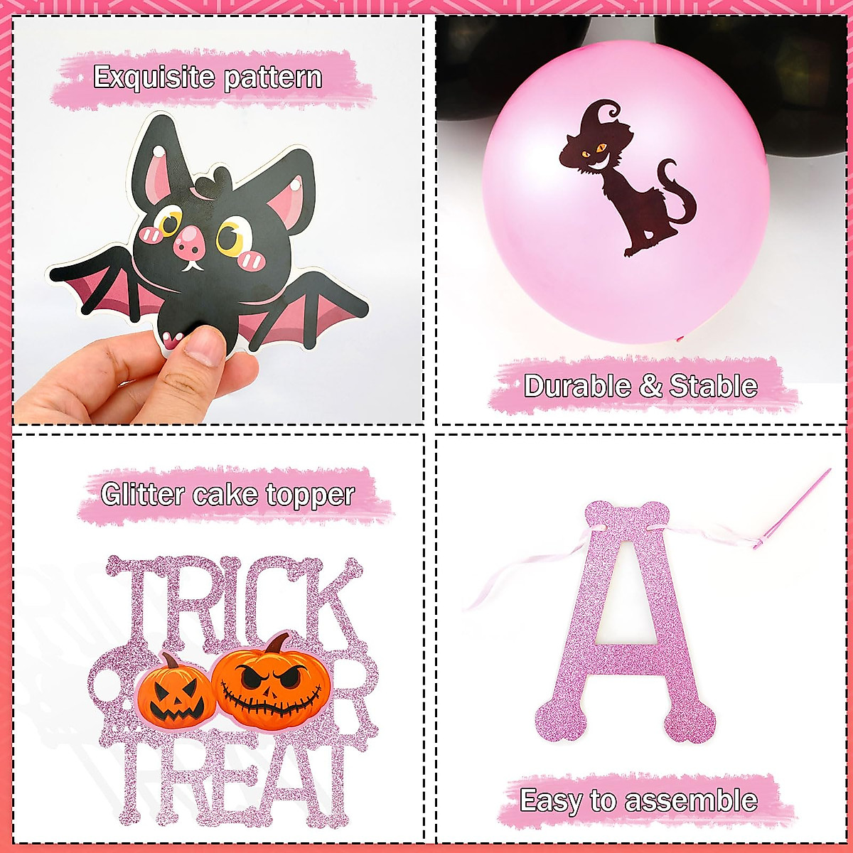 DPKOW Pink Halloween Party Decorations with Happy Halloween Banners, Cupcake Toppers and Balloons Pink and Black Halloween Decorations for Girls Kids Baby Shower Boo Day Birthday Party Supplies, 36Pcs