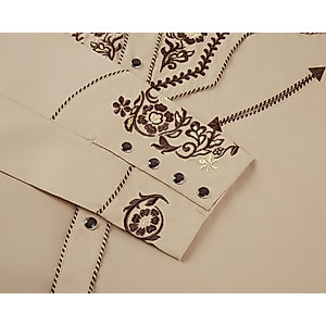 SALVAJE OESTE Western Embroidered Cowboy Shirts for Men, Casual Button Down Long Sleeve Shirt Floral Design Retro Shirt Khaki