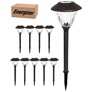 Energizer LED Solar Pathway Lights - 10 Pack of [Gunmetal] Outdoor Solar Lights - IP65 Waterproof w/Auto On/Off - Patterned Glass and Metal Construction Coated in Gunmetal